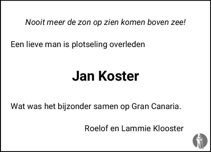 Jan Koster 18-12-2019 overlijdensbericht en condoleances - Mensenlinq.nl