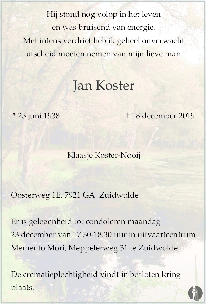 Jan Koster 18-12-2019 overlijdensbericht en condoleances - Mensenlinq.nl