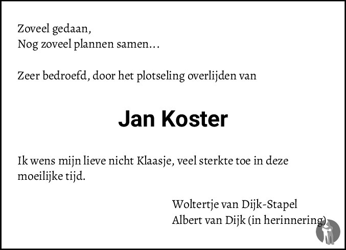 Jan Koster 18-12-2019 overlijdensbericht en condoleances - Mensenlinq.nl