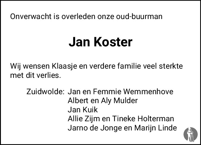 Jan Koster 18-12-2019 overlijdensbericht en condoleances - Mensenlinq.nl