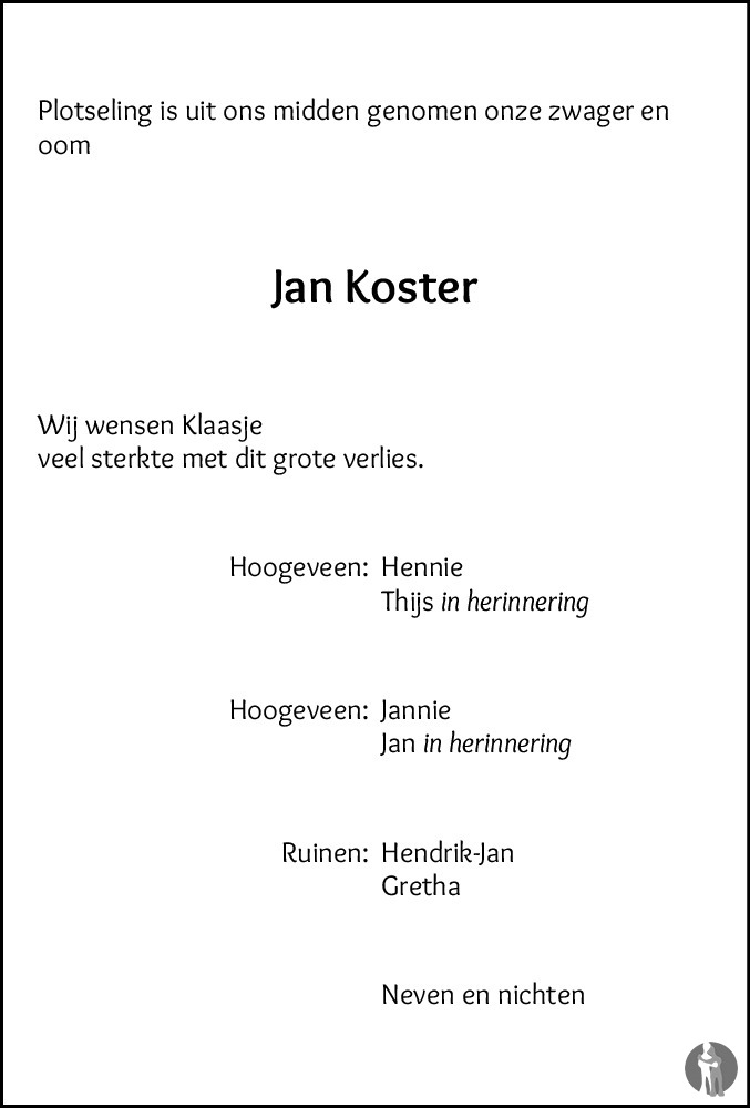 Jan Koster 18-12-2019 overlijdensbericht en condoleances - Mensenlinq.nl