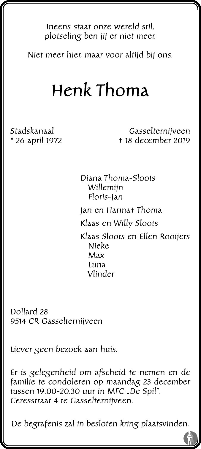 Henk Thoma 18-12-2019 overlijdensbericht en condoleances - Mensenlinq.nl