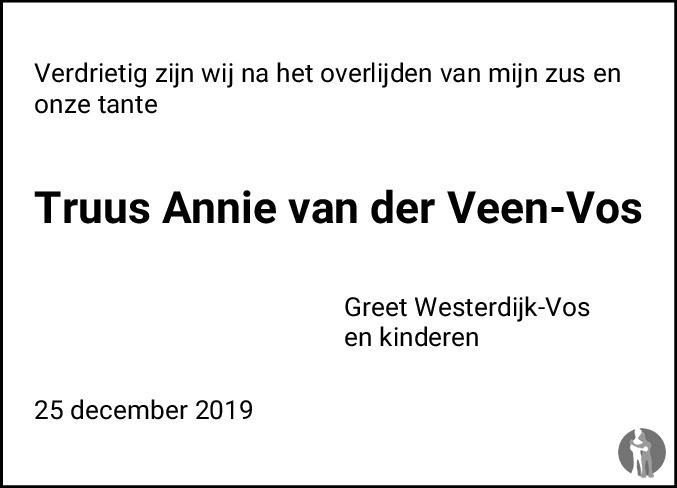Drs. Truus Annie van der Veen - Vos 25-12-2019 overlijdensbericht en condoleances - Mensenlinq.nl