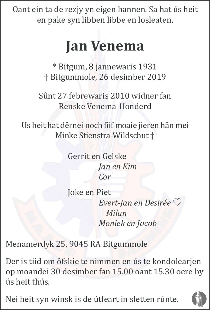 Jan Venema 26-12-2019 overlijdensbericht en condoleances - Mensenlinq.nl