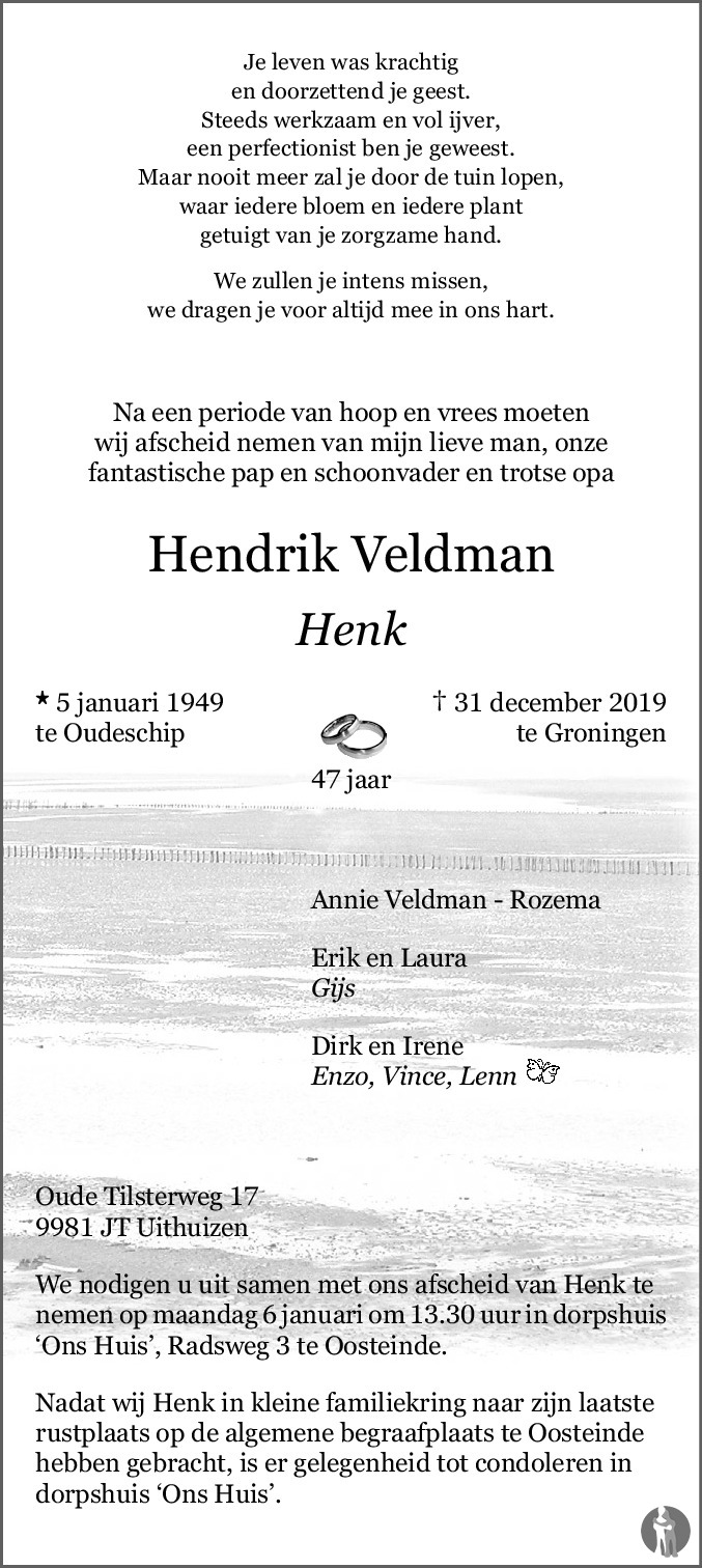 Hendrik (Henk) Veldman 31-12-2019 overlijdensbericht en condoleances ...