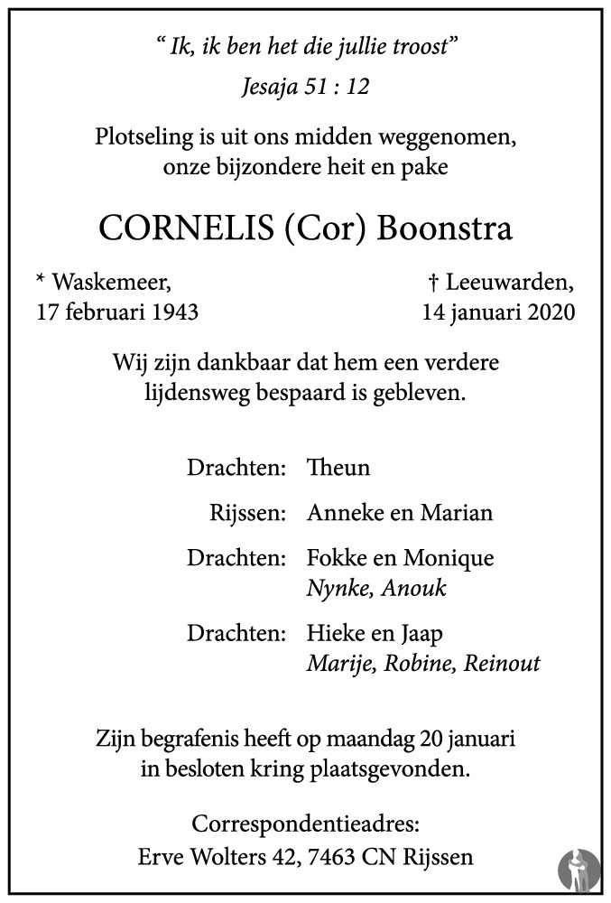 Cornelis (Cor) Boonstra 14-01-2020 overlijdensbericht en condoleances ...