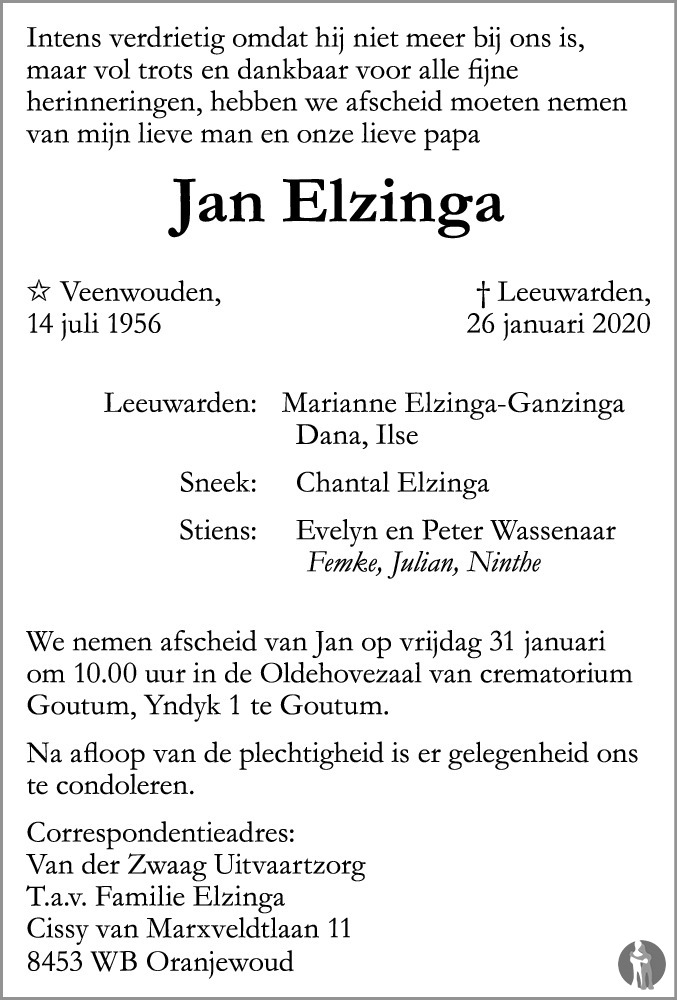 Jan Elzinga 26-01-2020 overlijdensbericht en condoleances - Mensenlinq.nl
