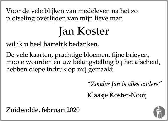 Jan Koster 18-12-2019 overlijdensbericht en condoleances - Mensenlinq.nl