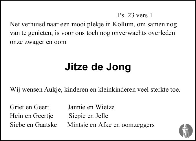Jitze de Jong 07-02-2020 overlijdensbericht en condoleances - Mensenlinq.nl