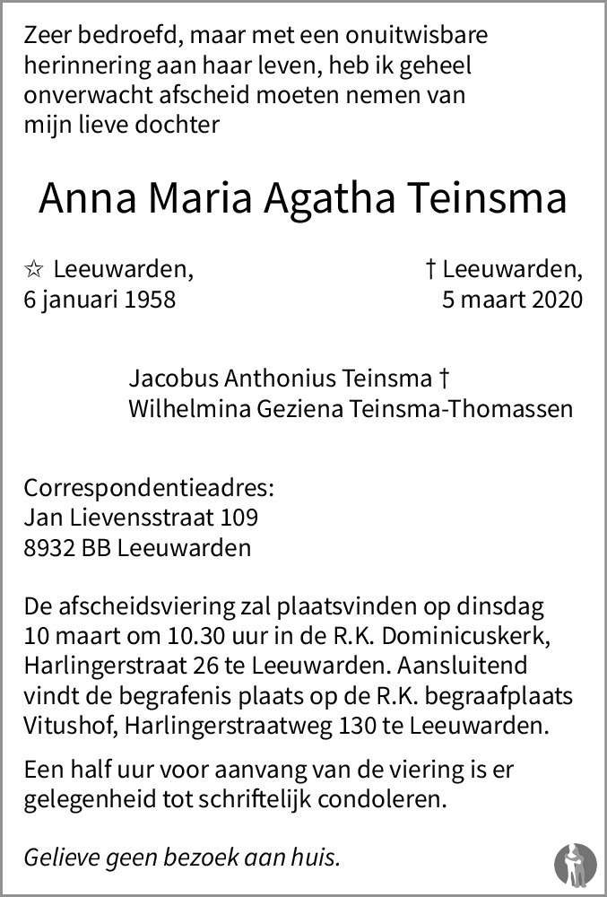 Anna Maria Agatha Teinsma 05-03-2020 overlijdensbericht en condoleances ...