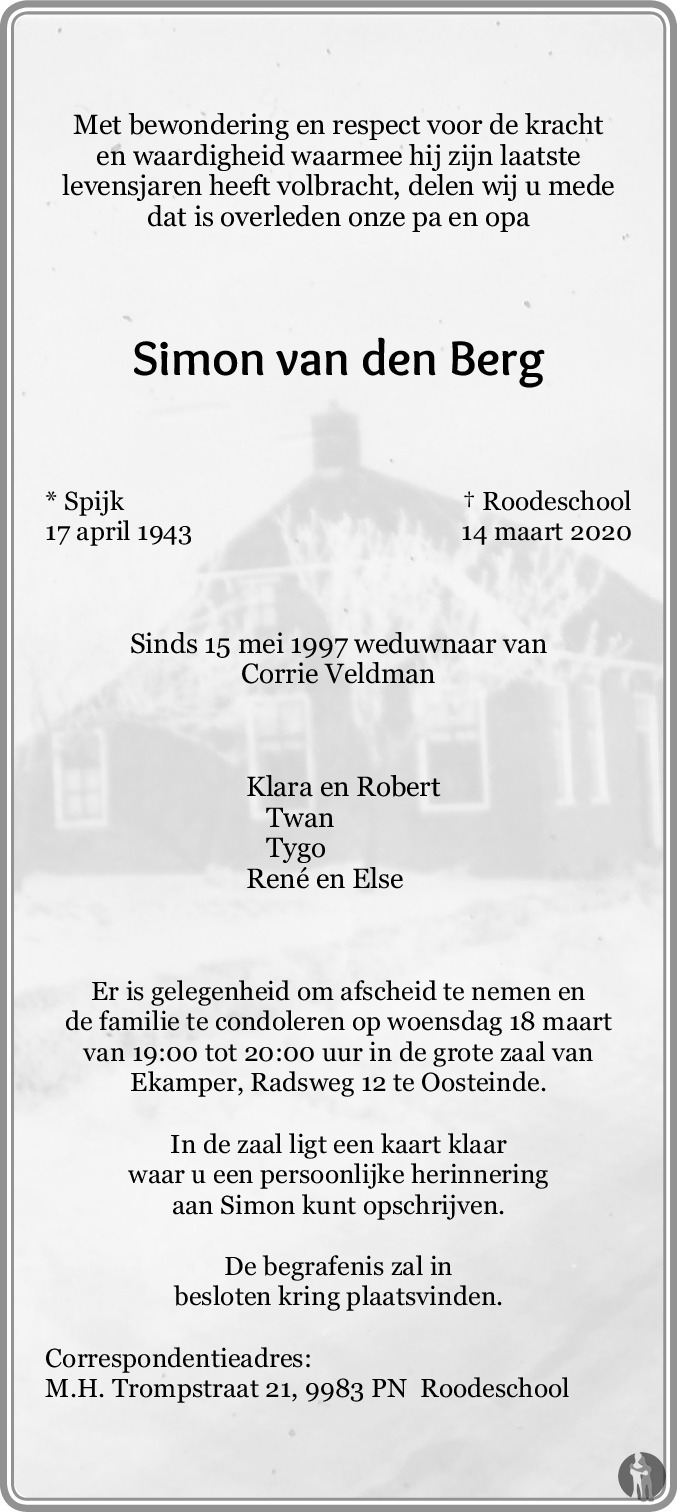 Simon van den Berg 14-03-2020 overlijdensbericht en condoleances ...