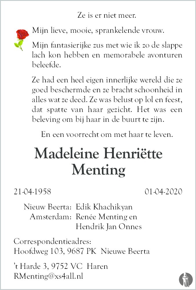 Madeleine Henriëtte Menting 01-04-2020 overlijdensbericht en ...