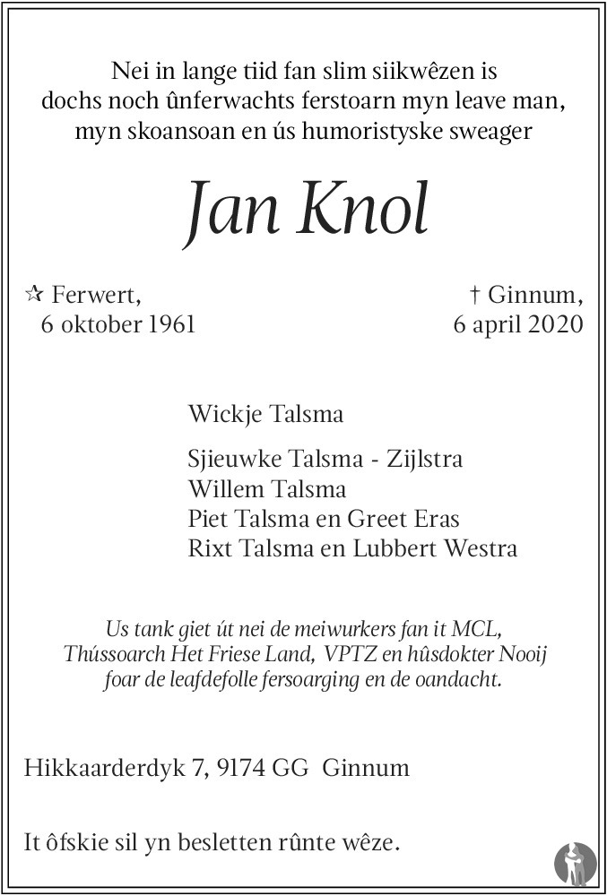 Jan Knol 06-04-2020 overlijdensbericht en condoleances - Mensenlinq.nl