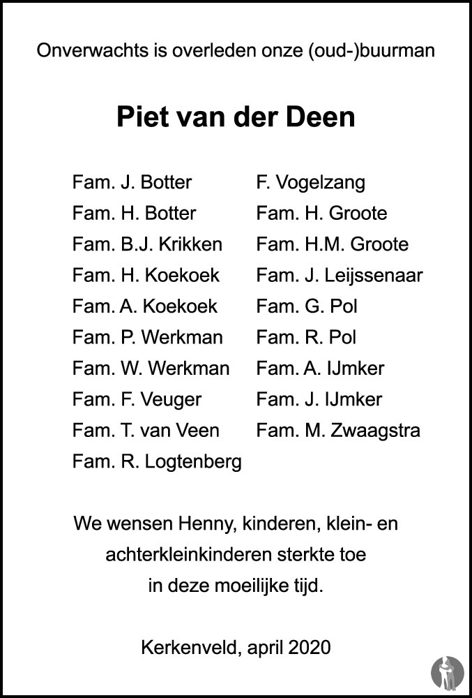 Pieter (Piet) van der Deen 06-04-2020 overlijdensbericht en ...