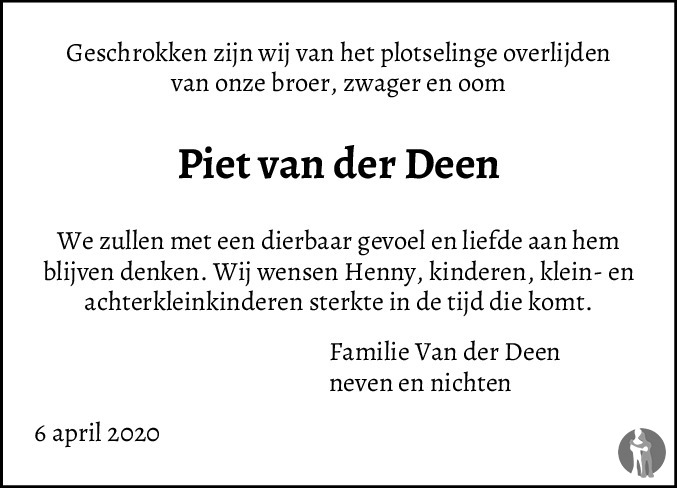 Pieter (Piet) van der Deen 06-04-2020 overlijdensbericht en ...