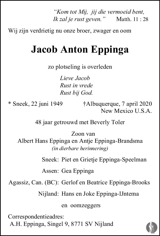 Jacob Anton Eppinga 07-04-2020 overlijdensbericht en condoleances ...