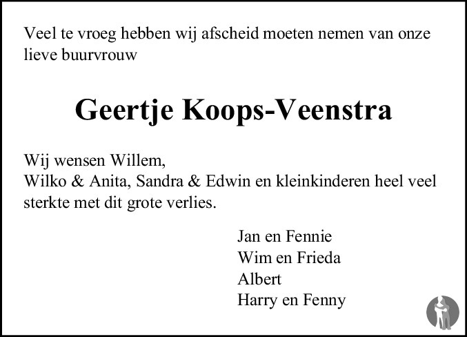 Geertje Koops-Veenstra 16-04-2020 overlijdensbericht en condoleances ...