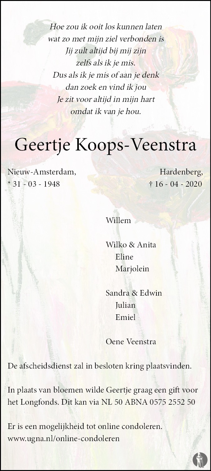 Geertje Koops-Veenstra 16-04-2020 overlijdensbericht en condoleances ...