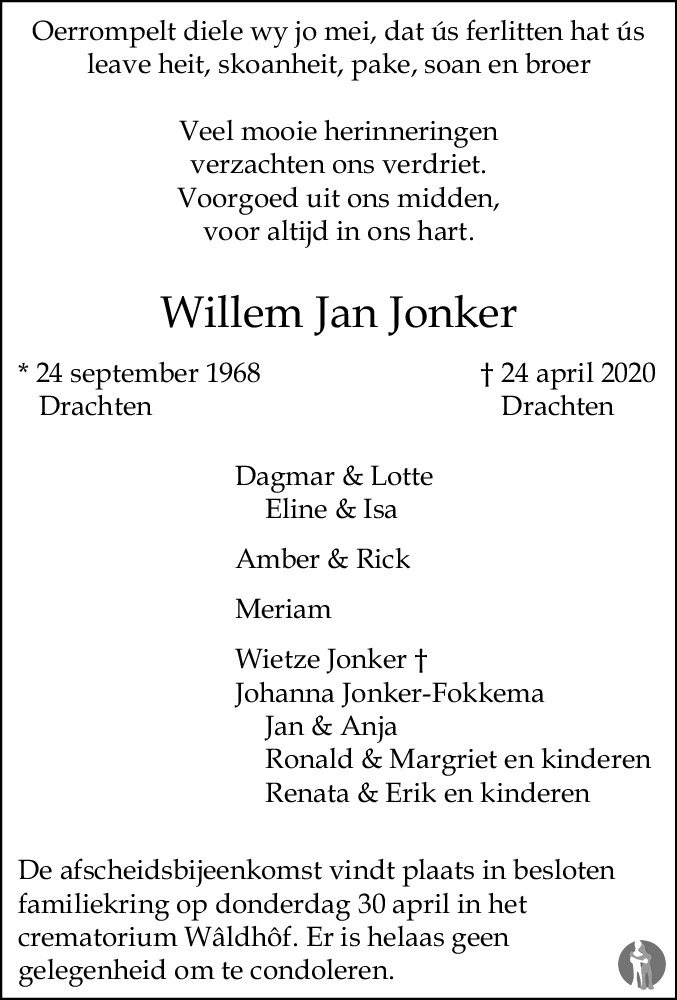 Willem Jan Jonker 24-04-2020 overlijdensbericht en condoleances ...