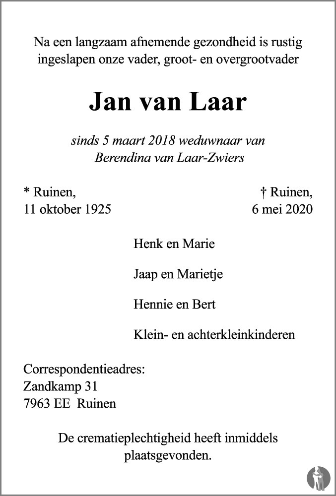 Jan van Laar 06-05-2020 overlijdensbericht en condoleances - Mensenlinq.nl