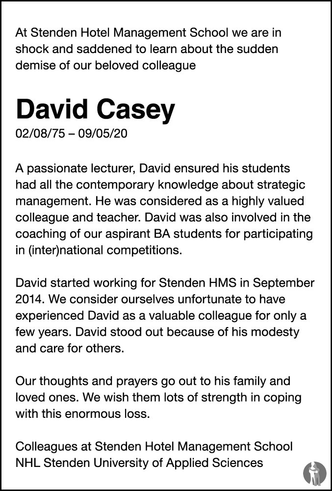 David Casey 09-05-2020 overlijdensbericht en condoleances - Mensenlinq.nl