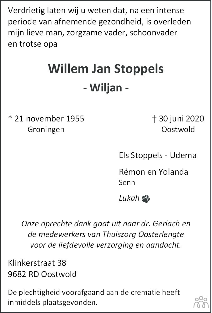 Willem Jan Stoppels 30-06-2020 overlijdensbericht en condoleances ... Willem Jan Stoppels 30-06-2020 overlijdensbericht en condoleances ...