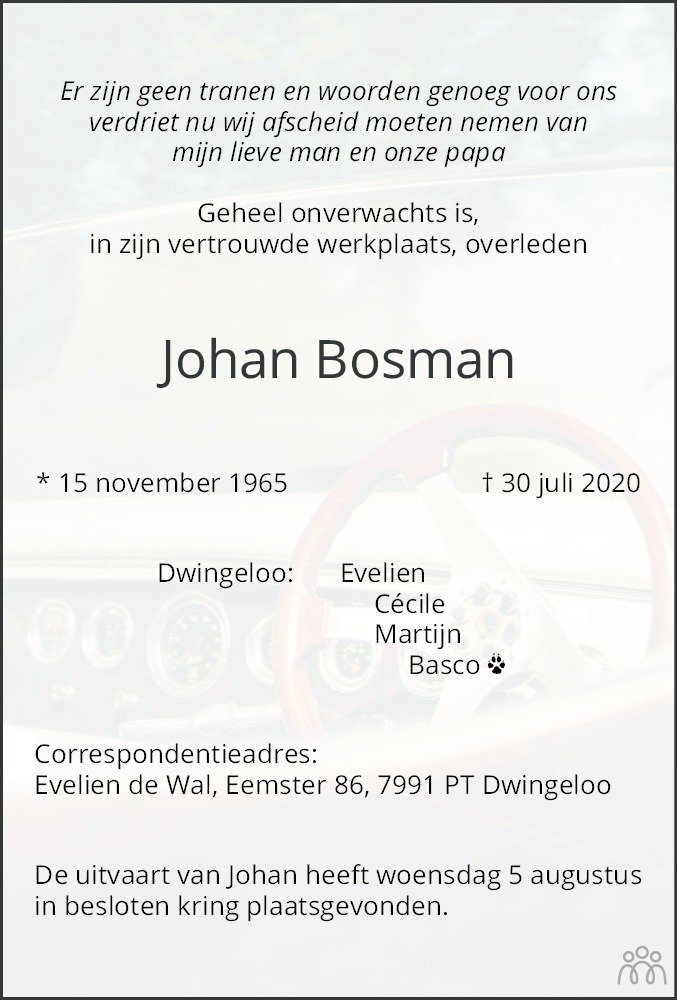 Johan Bosman 30-07-2020 overlijdensbericht en condoleances - Mensenlinq.nl