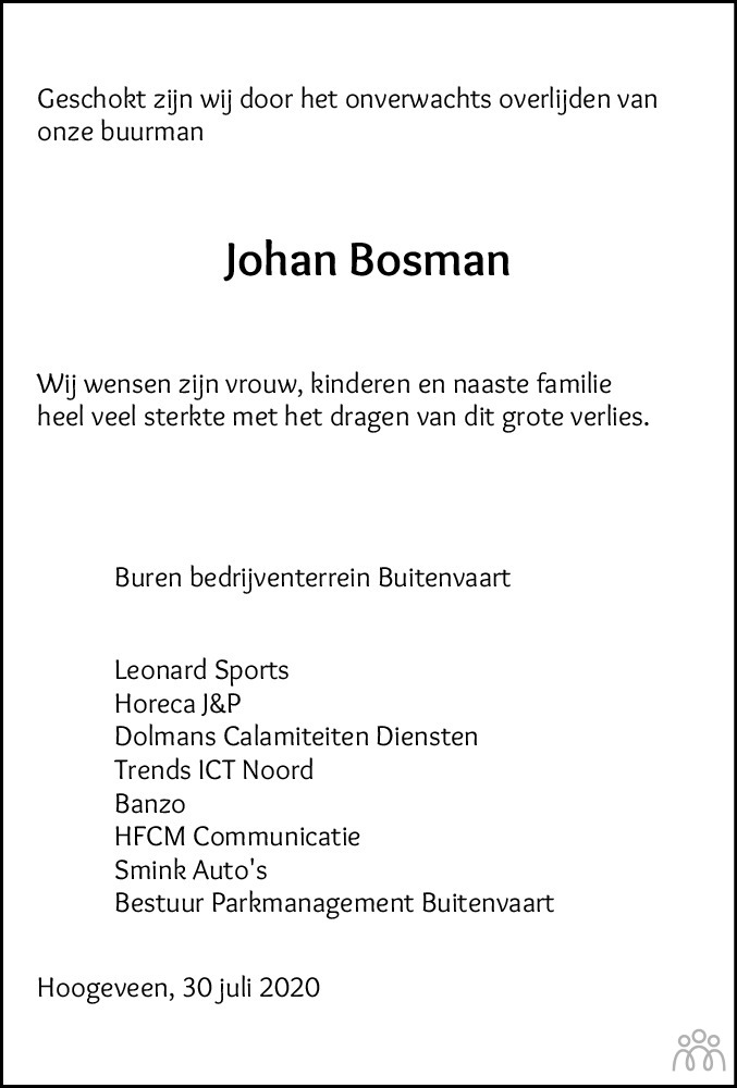 Johan Bosman 30-07-2020 overlijdensbericht en condoleances - Mensenlinq.nl