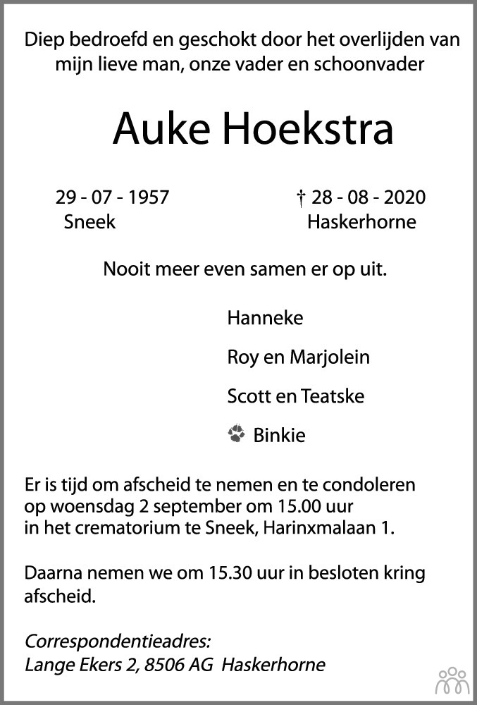 Auke Hoekstra 28-08-2020 overlijdensbericht en condoleances - Mensenlinq.nl