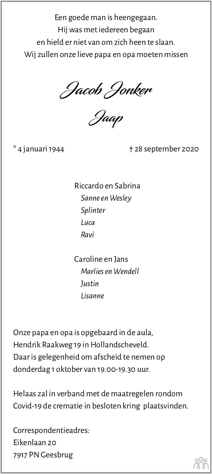 Jacob (Jaap) Jonker 28-09-2020 overlijdensbericht en condoleances ...