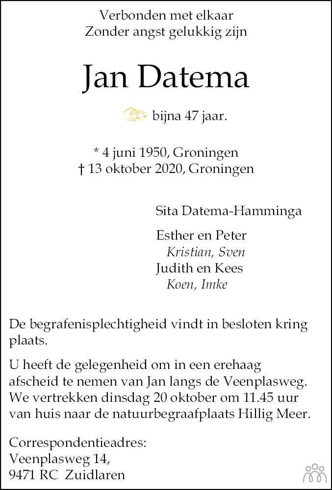 Jan Datema 13-10-2020 overlijdensbericht en condoleances - Mensenlinq.nl