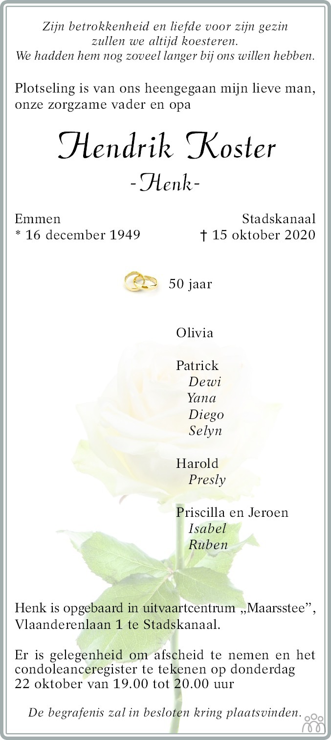 Hendrik (Henk) Koster 15-10-2020 overlijdensbericht en condoleances ...
