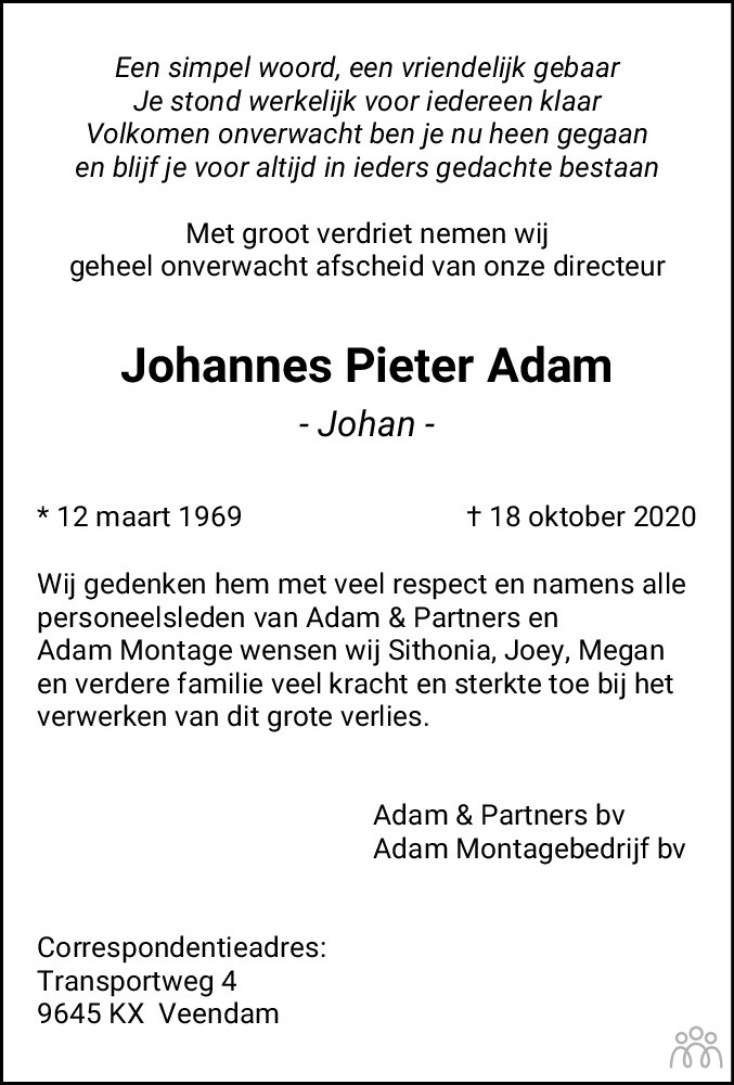 Johannes Pieter (Johan) Adam 18-10-2020 overlijdensbericht en ...