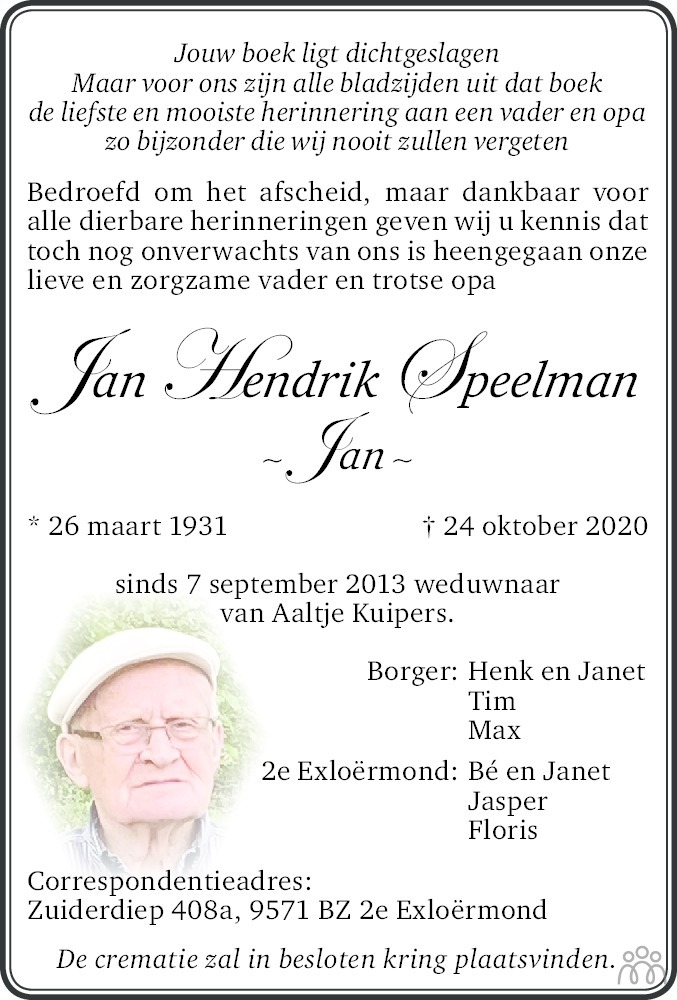 Jan Hendrik (Jan) Speelman 24-10-2020 overlijdensbericht en ...