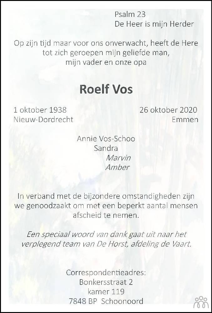 Roelf Vos 26-10-2020 overlijdensbericht en condoleances - Mensenlinq.nl