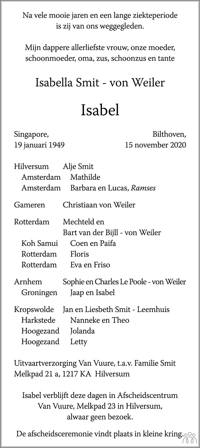 Isabella (Isabel) Smit-vol Weiler 15-11-2020 overlijdensbericht en ...