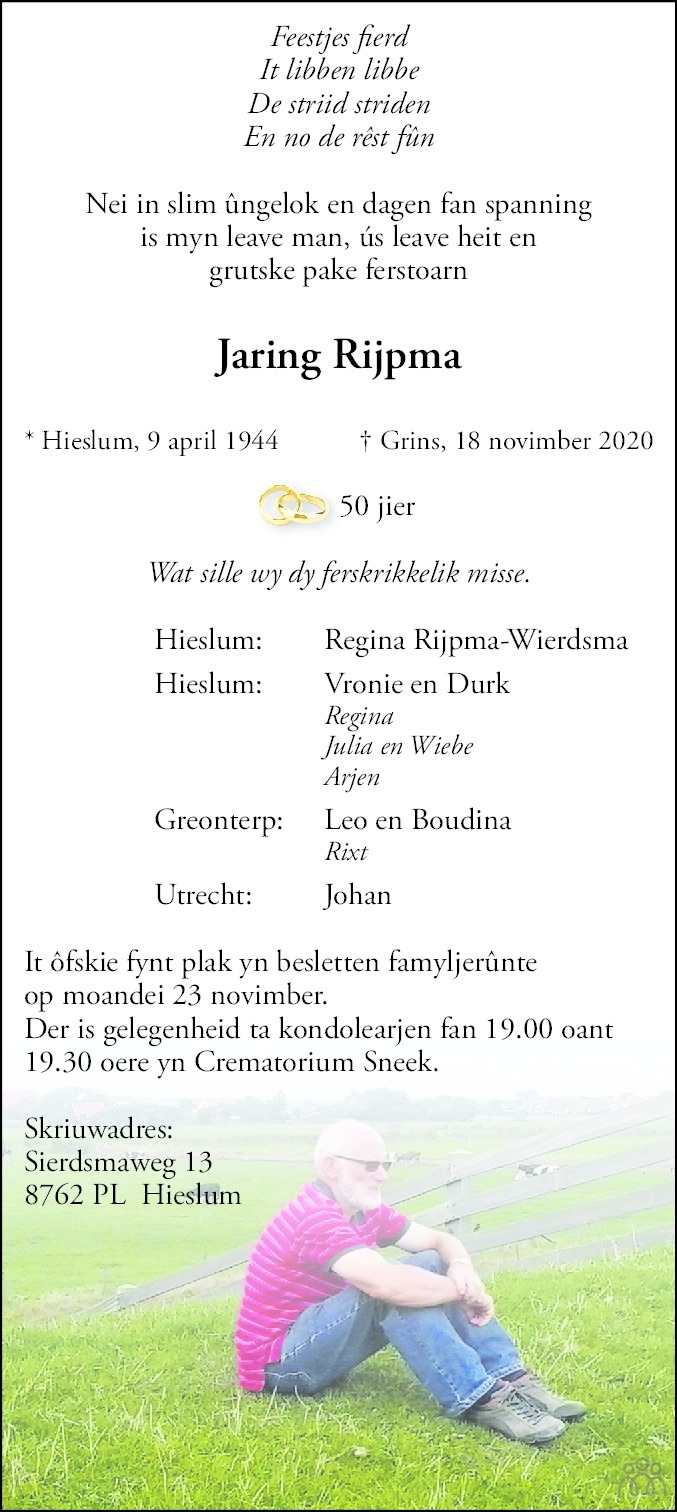 Jaring Rijpma 18-11-2020 overlijdensbericht en condoleances - Mensenlinq.nl