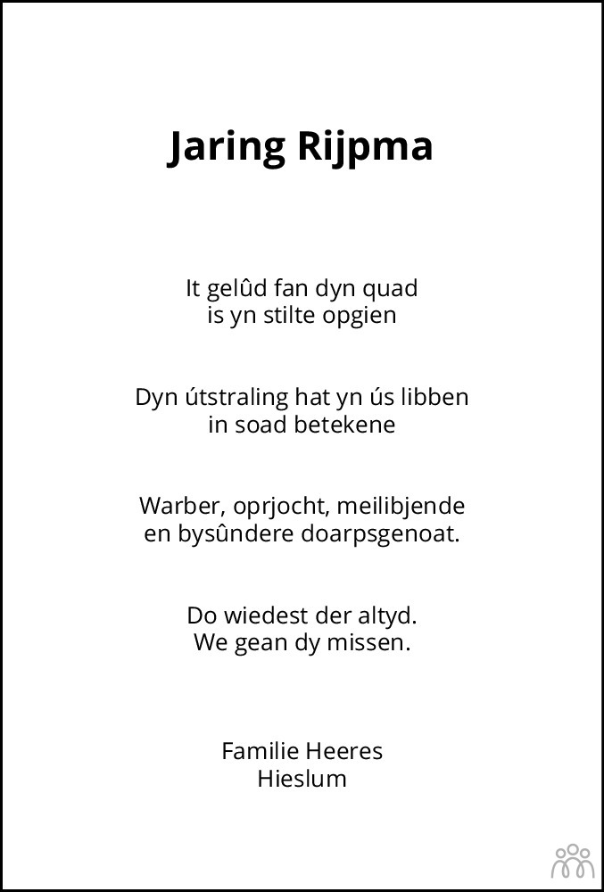 Jaring Rijpma 18-11-2020 overlijdensbericht en condoleances - Mensenlinq.nl