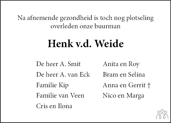 Hendrik Christiaan (Henk) van der Weide 12-01-2021 overlijdensbericht ...