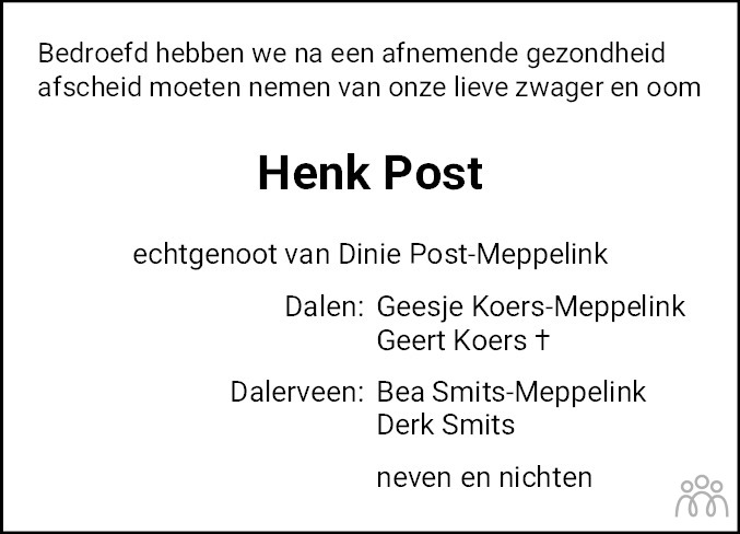 Hendrik (Henk) Post 12-01-2021 overlijdensbericht en condoleances ...