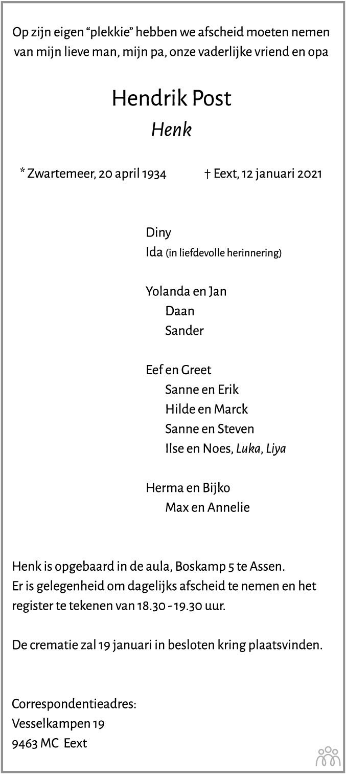 Hendrik (Henk) Post 12-01-2021 overlijdensbericht en condoleances ...