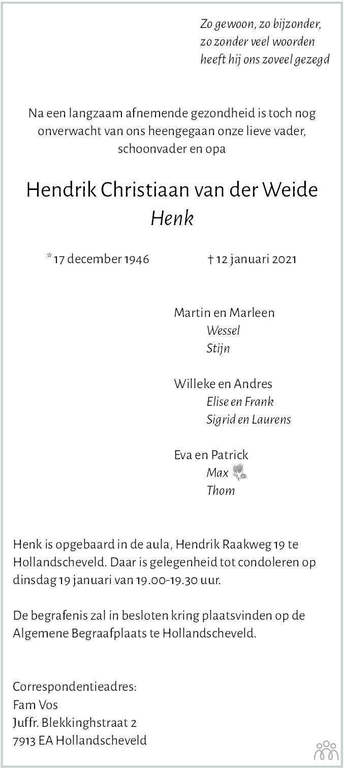 Hendrik Christiaan (Henk) van der Weide 12-01-2021 overlijdensbericht ...