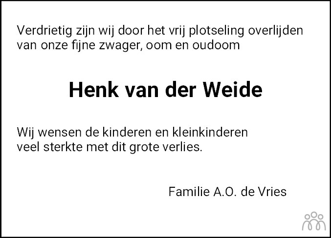 Hendrik Christiaan (Henk) van der Weide 12-01-2021 overlijdensbericht ...
