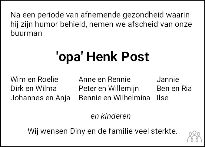 Hendrik (Henk) Post 12-01-2021 overlijdensbericht en condoleances ...