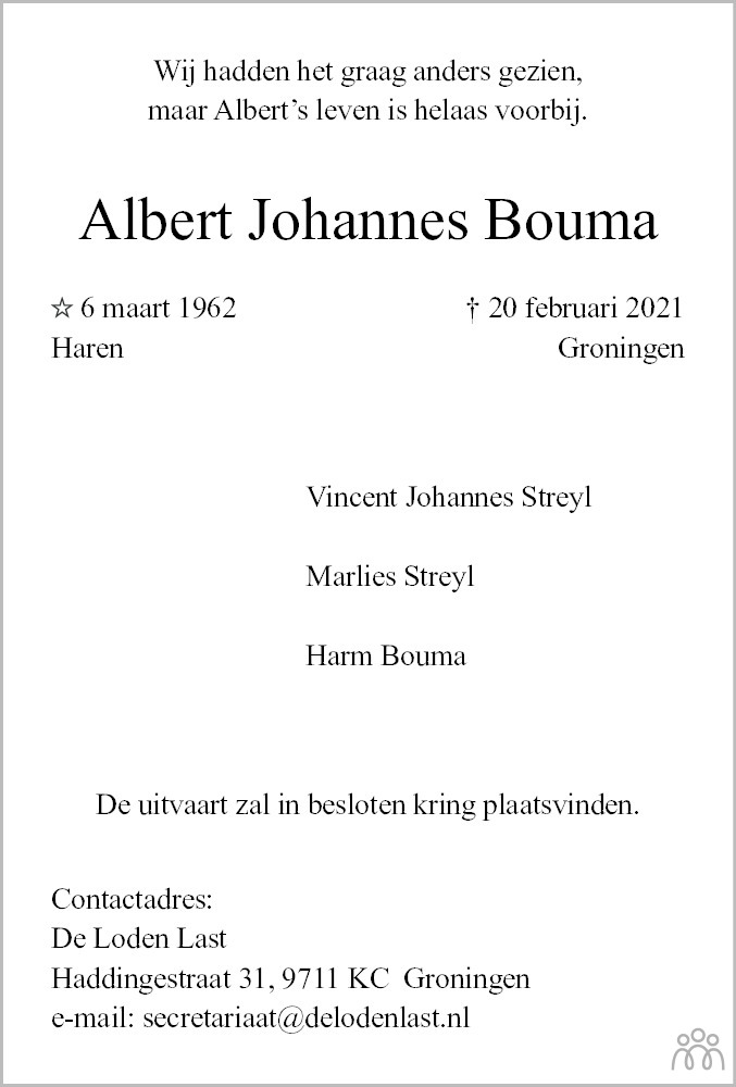 Albert Johannes Bouma 20-02-2021 overlijdensbericht en condoleances ...