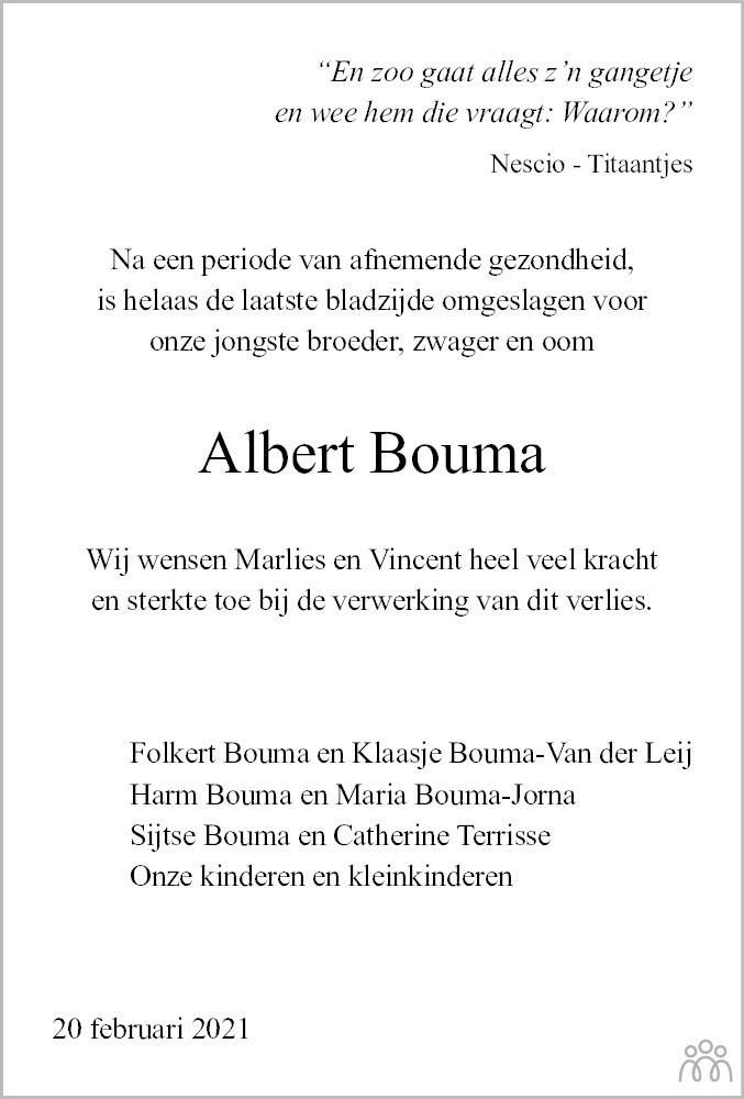 Albert Johannes Bouma 20-02-2021 overlijdensbericht en condoleances ...