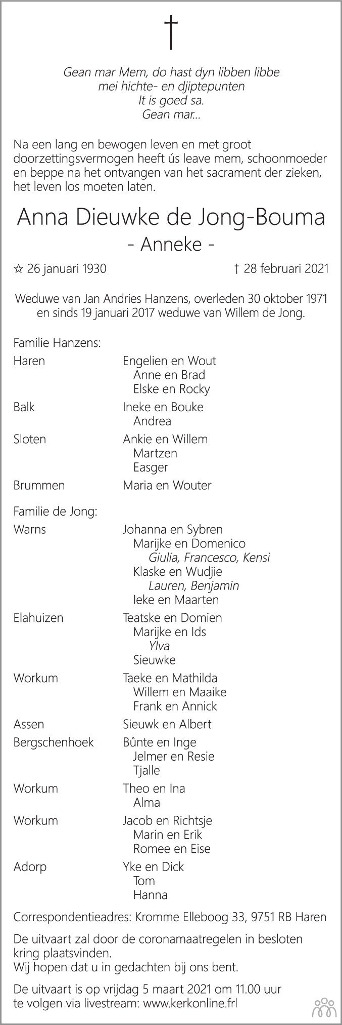 Anna Dieuwke (Anneke) de Jong-Bouma 28-02-2021 overlijdensbericht en ...