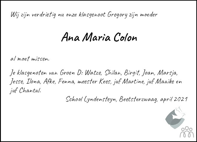 Ana Maria Colon 04-04-2021 overlijdensbericht en condoleances ...