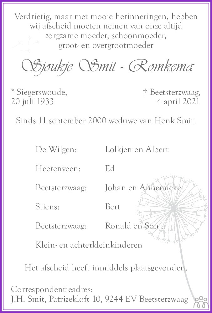Sjoukje Smit-Romkema 04-04-2021 overlijdensbericht en condoleances ...