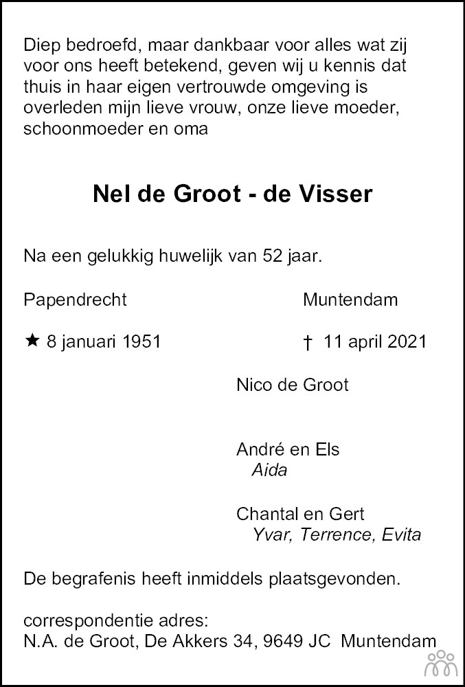 Neeltje Elizabeth (Nel) de Groot -de Visser 11-04-2021 ...